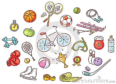 Set Of Colorful Cartoon Sport Things Vector Illustration ...