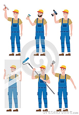 Set Construction Workers With Cordless Screwdriver, Glass Sheet, Brush ...