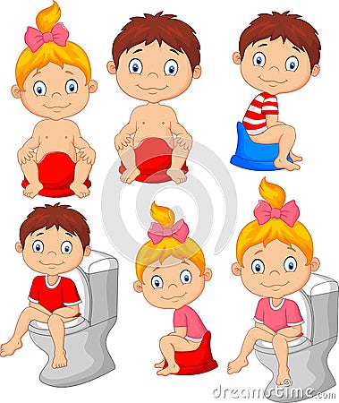 Set Of Cute Little Babies Sitting On The Potty Cartoon Vector ...