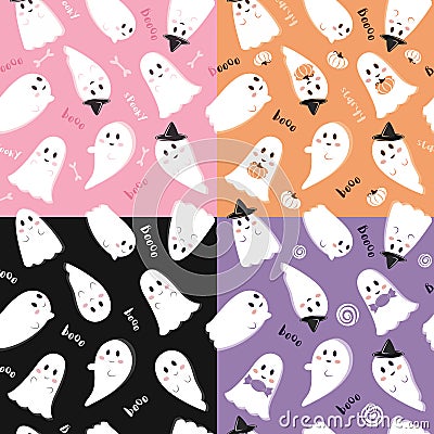 Set Of Cute Spooky Ghost Patterns On Colorful Backgrounds Cartoon ...