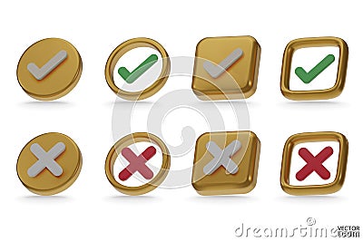Set Of 3D Gold Checkmark, And X Mark Icon Sets. Checkmark The Right ...