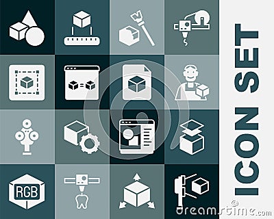 Set 3D Scanner With Cube, Layers, Graphic Designer, Isometric, Printer ...