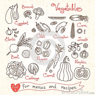Set Drawings Of Vegetables For Design Menus Stock Vector - Image: 55250480