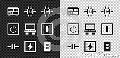 Set Electrical Measuring Instruments, Processor With Microcircuits CPU, Scheme, Lightning Bolt ...