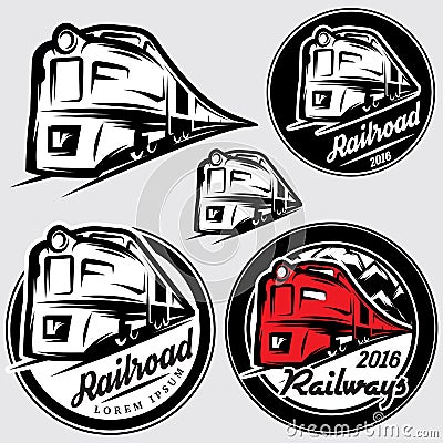 Set Of Emblems In Retro Style With Locomotives And Railroad Cartoon ...