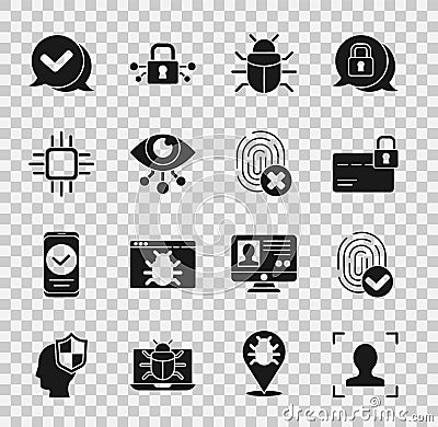 Set Face Recognition, Fingerprint, Credit Card With Lock, System Bug, Eye Scan, Processor ...