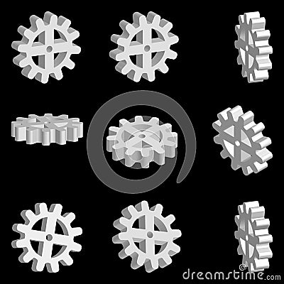 Set Of Gear Wheels, 3D Gear Machines In Different Projections Royalty ...