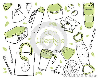 Set Of Hand-drawn Eco-friendly Objects Isolated In White Background ...
