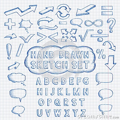 Set Of Hand Drawn Elements. Font, Mathematics And Punctuation Symbols ...