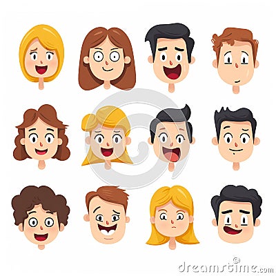 Set Of Happy Face Headshots In Cartoon Style AI Generated ...