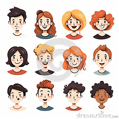 Set Of Happy Face Headshots In Cartoon Style AI Generated Stock ...