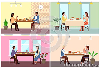 Set Of Illustrations On The Topic Of Couple Dine On Traditional Dishes ...