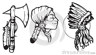Native American Indians Outline Tattoo Set. Set Of Labels And Elements ...