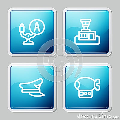 Set Line Aircraft Steering Helm, Airport Control Tower, Pilot Hat And ...