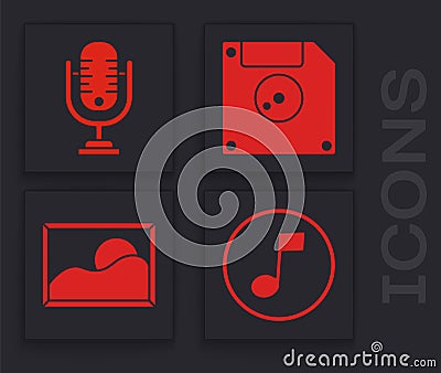 Set Music Note, Tone, Microphone, Floppy Disk For Computer Data Storage ...