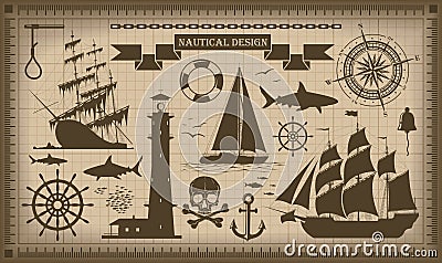 Sea Set of Nautical Design Elements Stock Vector - Illustration of ...