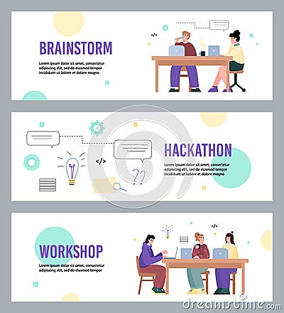 Set Of Posters For Hackathon, Workshop, Brainstorming, Vector Flat Illustration On White ...