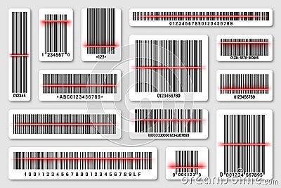 Set Of Product Barcodes With Red Scanning Line. Identification Tracking ...