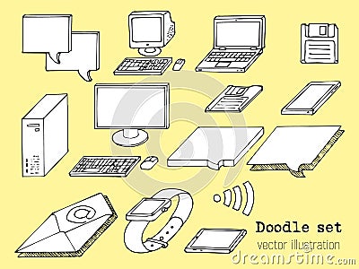 Set Of Sketch Computers. Doodle Pc, Laptop, Tablet, Floppy, Mail, Chat ...