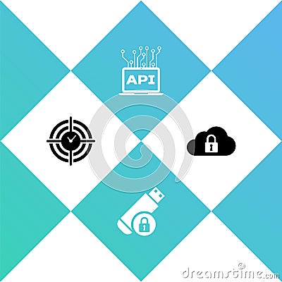 Set Time Management, USB Flash Drive With Lock, Computer Api Interface And Cloud Computing Icon ...