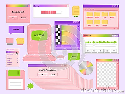 Set Of Various User Interface Elements In Retro Style. Tabs, Icons ...
