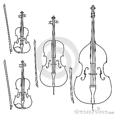 Set Of Vector Bowed Stringed Musical Instruments Drawn By Lines ...