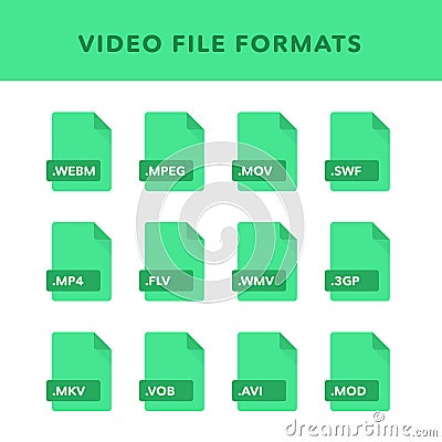 Set Of Video File Formats And Labels In Flat Icons Style. Vector ...