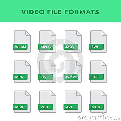 Set Of Video File Formats And Labels In Flat Icons Style. Vector ...