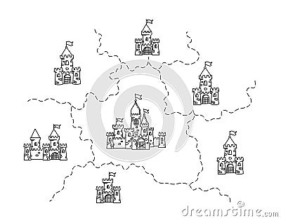 Seven Kingdoms On The Map. Castles And State Borders. Hand Drawn Sketch ...