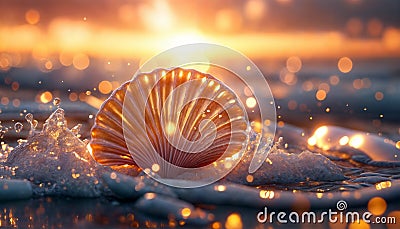 Shell In The Splashes Of Sea Waves. A Pair Of Beautiful Shells In The ...