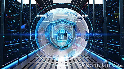 Shield Cyber Security Icon Moving through Rack Servers in Data Center ...