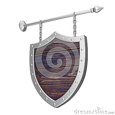 Shield Shaped Rusty Wooden Signboard With Chains. 3d Rendering Stock ...