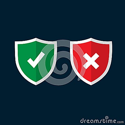 Shields And Check Marks Icons Set. Red And Green Shield With Checkmark ...