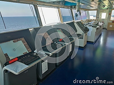 Ship Control Panel In Captain's Bridge, Navigation Equipment Editorial ...