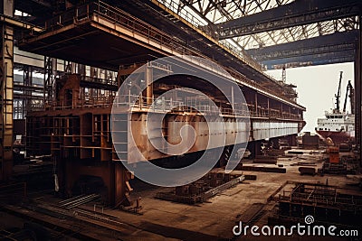 Shipyard With Large Cranes And Workers Constructing A Cargo Ship ...