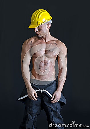 Shirtless Muscular Construction Worker Wearing Coverall And Hardhat ...