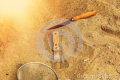 Shovel In The Sand.Skeleton And Archaeological Tools.Digging For ...