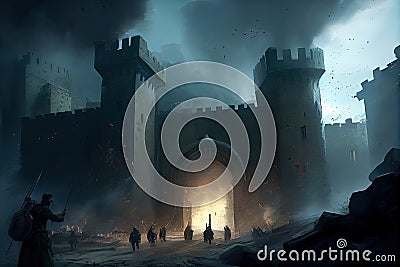 A Siege, With Attackers Using Battering Rams To Break Down Fortress ...