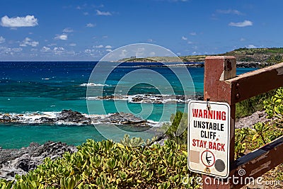 Sign Warning Unstable Cliff Stay Back On Maui Overlooking Blue Water ...
