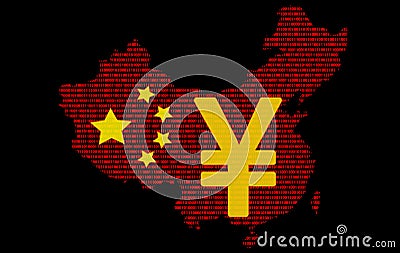 Silhouette Of A China Map Made Of Binary Code With The Symbol Of The ...