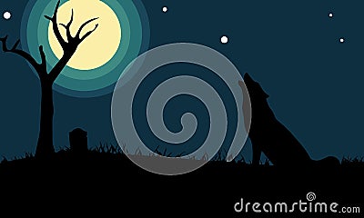 Silhouette Of A Wolf Howling At The Moon With Tree And A Headstone ...
