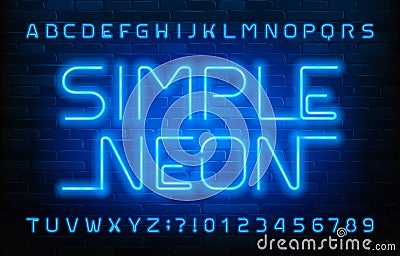 Simple Neon Alphabet Font. Blue Light Letters And Numbers. Brick Wall ...