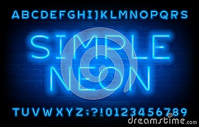 Simple Neon Alphabet Font. Blue Neon Light Letters And Numbers On Brick ...