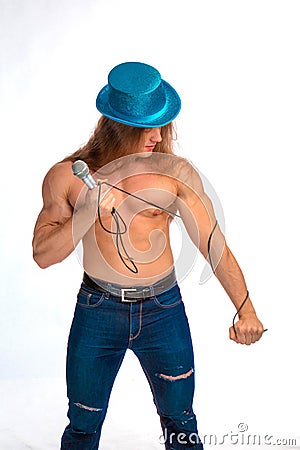 Singer Bodybuilder Shirtless With Long Hair In A Blue Hat With A ...