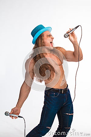 Singer Bodybuilder Shirtless With Long Hair In A Blue Hat With A ...