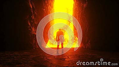 Sinner. a Lonely Sinfull Man Stands in Front of a Hell Gates. Hell Fire ...