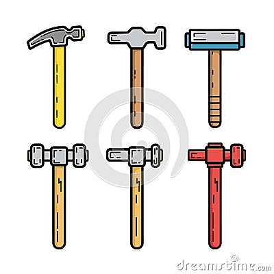 Six Cartoon Hammers Collection Isolated White Background. Different ...