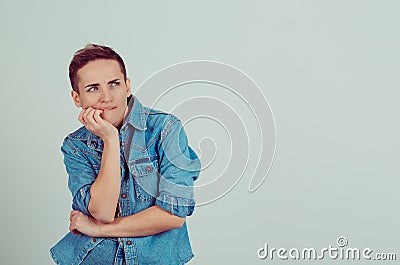 Skeptical Grumpy Woman Thinking Isolated Green Grey Background Wall ...