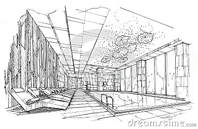 Sketch Interior Perspective Swimming Pools, Black And White Interior ...