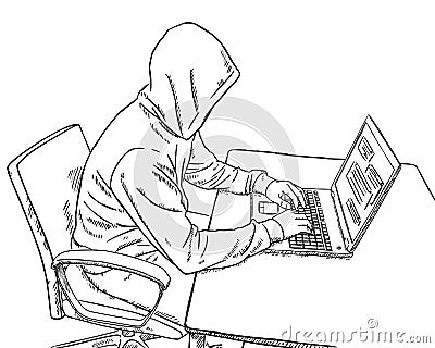 Sketch Style Doodle Of Hacker Sitting In Front Of His Desk And Working ...